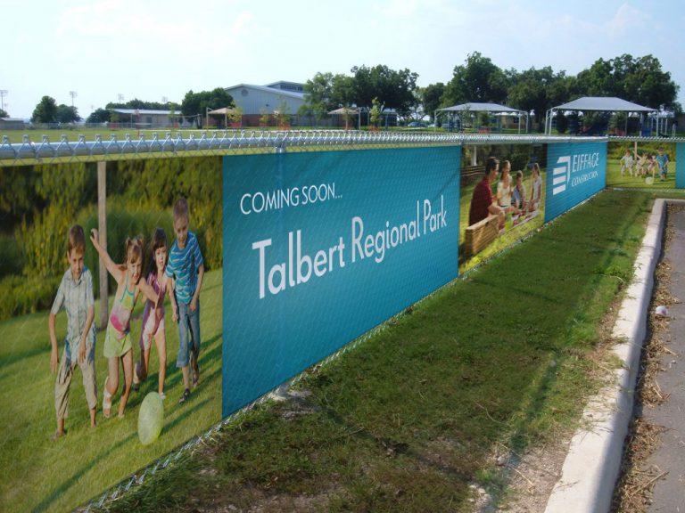 Fence wrap banner at Talbert Regional Park on chain link fence - Bay Media